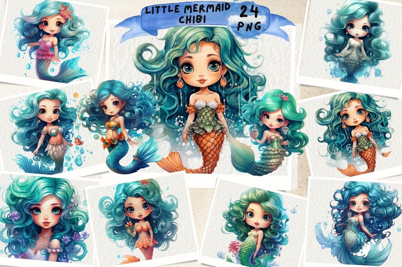 Mermaid Chibi Clipart, Little Mermaid PNG, Mermaid Princess Birthday ...
