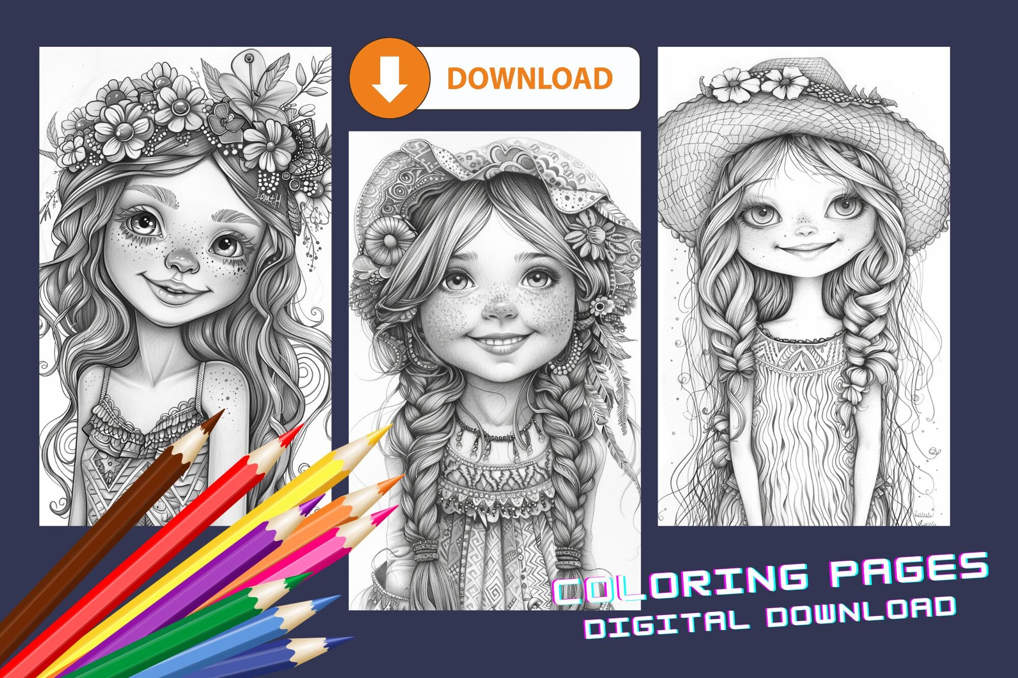 Cute Boho Girl Coloring Pages, Hippie Girl Floral Printable Coloring ...