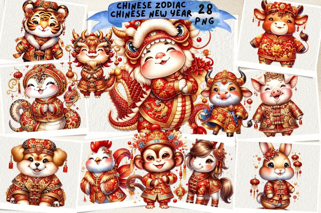 Watercolor Chinese Zodiac Clipart: New Year Animals (PNG Digital ...