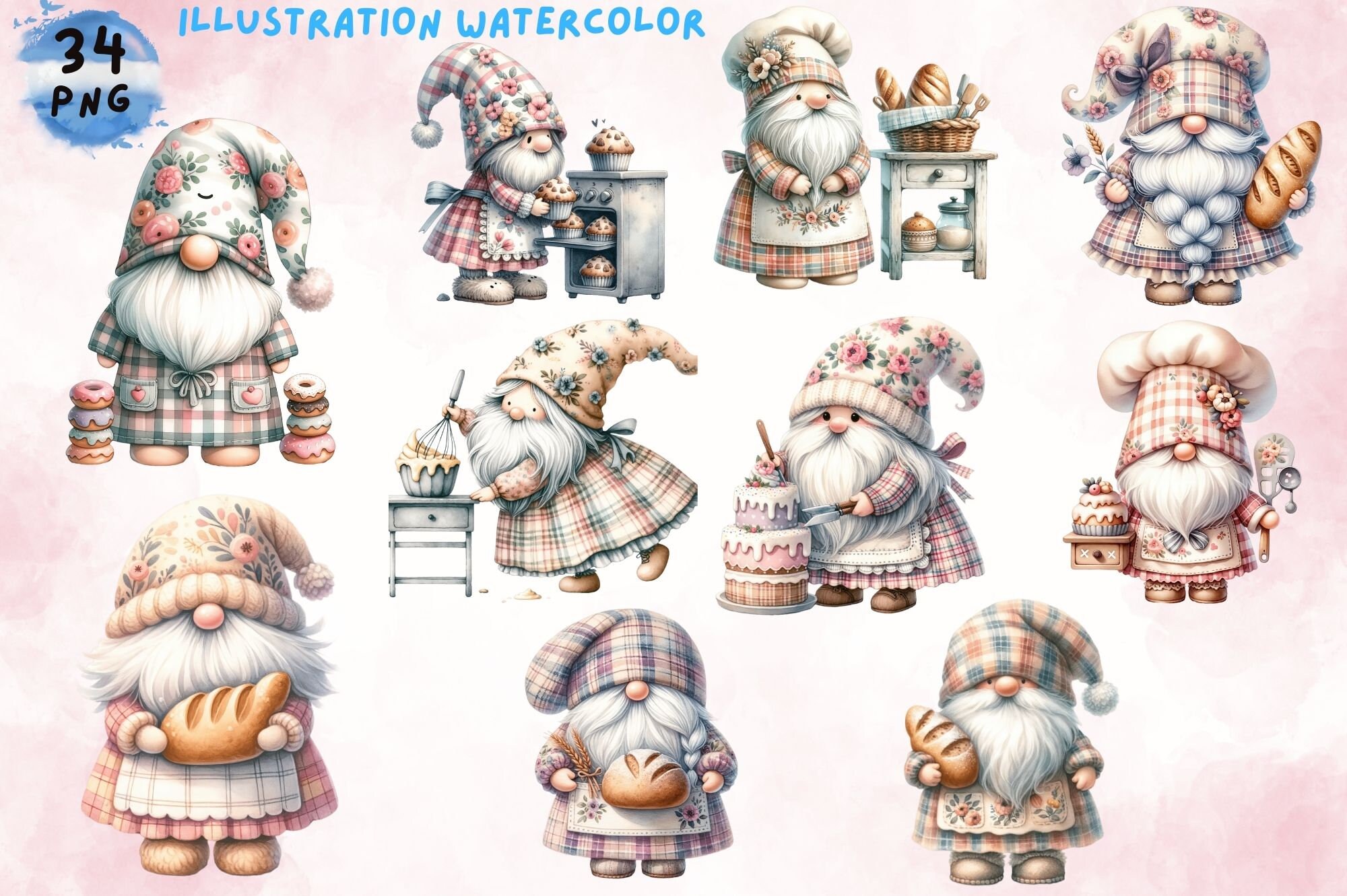 Baker Gnome Watercolor Clipart, Gnome Pastry Chef Clipart, Chef Gnome ...