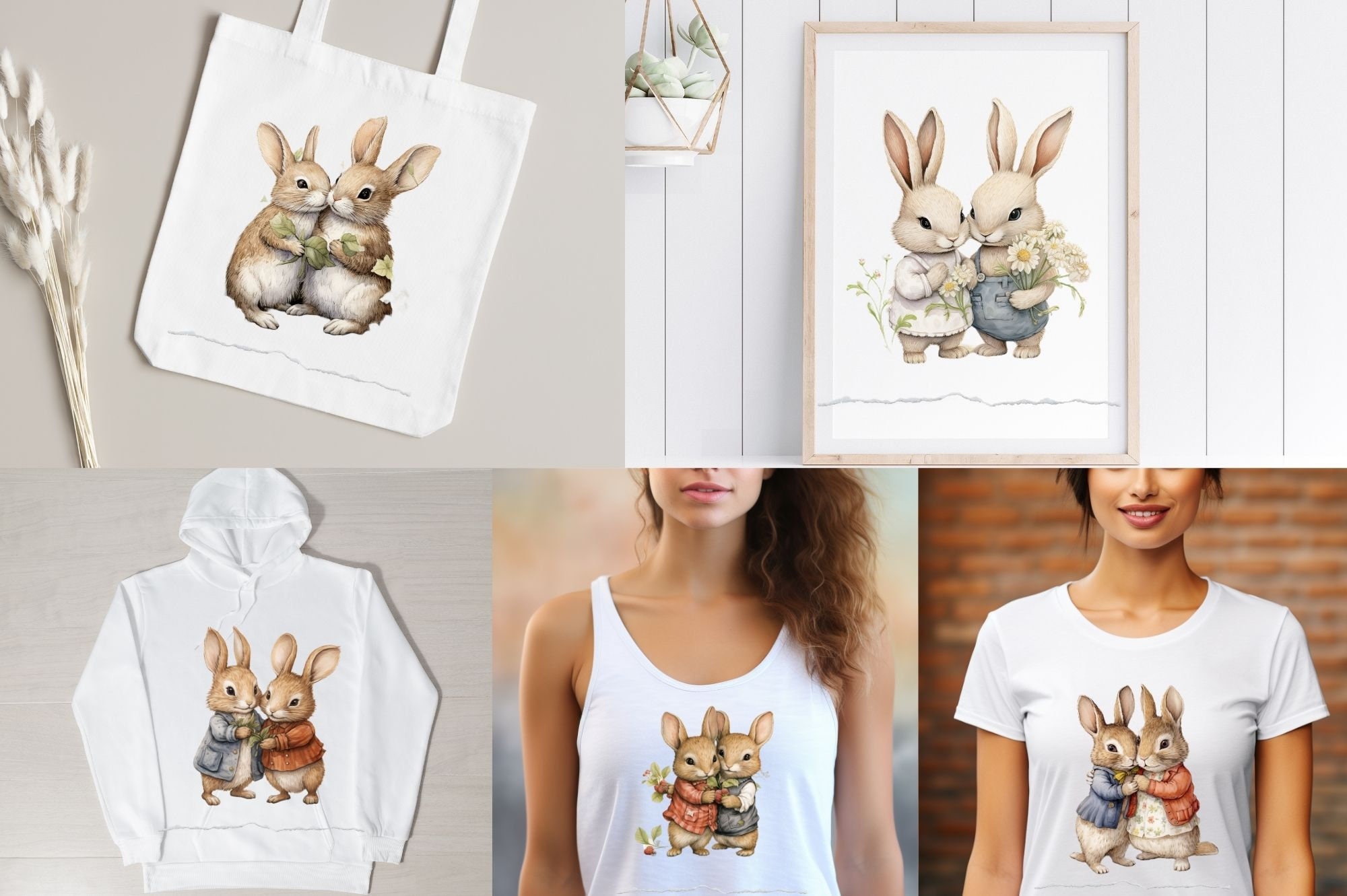 Rabbit Hugs Love Clipart, Love Bunnies, Watercolor Clipart, Digital ...