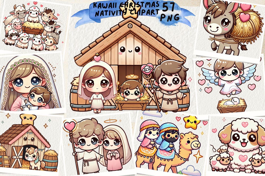 Kawaii Christmas Nativity Clipart, Cute Holiday Digital Download, Baby ...