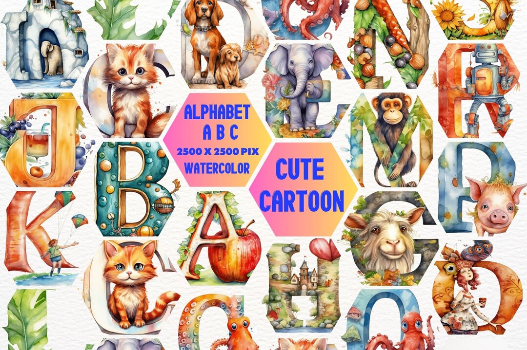 ABC Animals Cartoon Watercolor Clipart, Alphabet, Letters, a to Z, Card ...