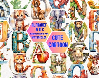 ABC Animals. Watercolor Clipart, Alphabet, Letters, a to Z Card, Abc ...