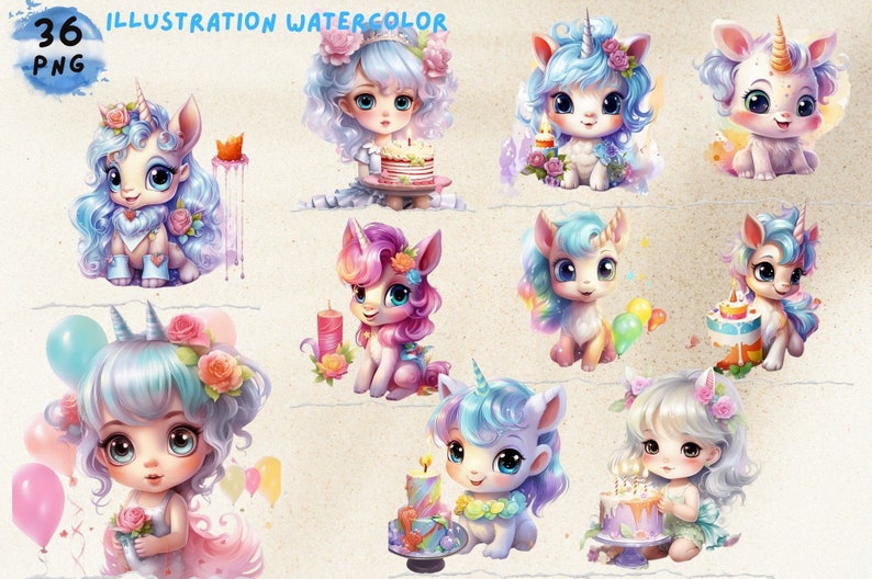 Little Girl Unicorn Birthday Clipart Unicorn Watercolor - Etsy