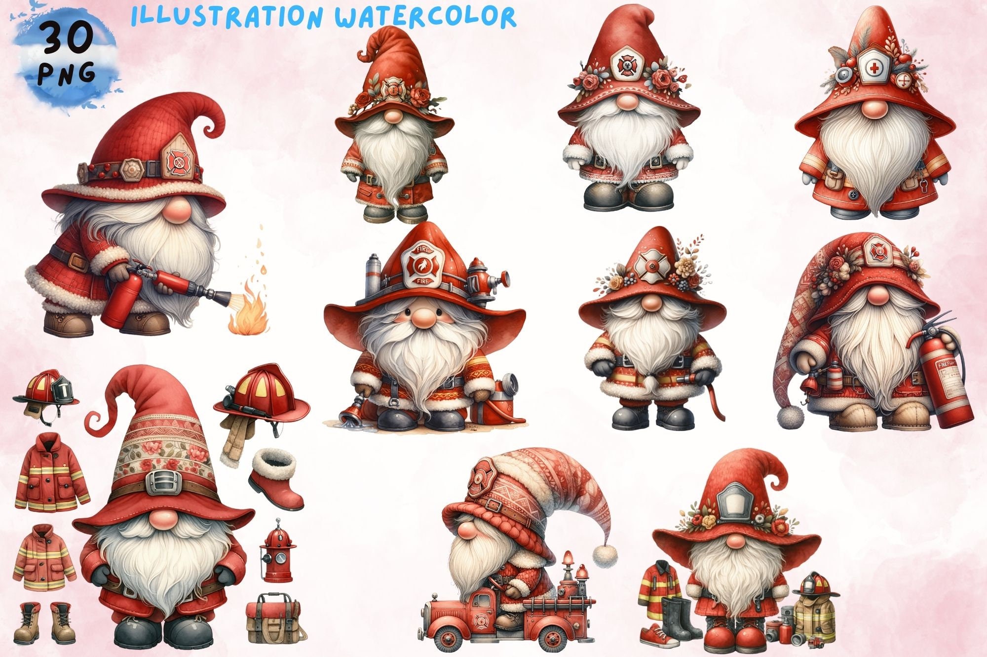 Firefighter Gnome Watercolor Clipart, Gnome Firefighter, Firefighter ...
