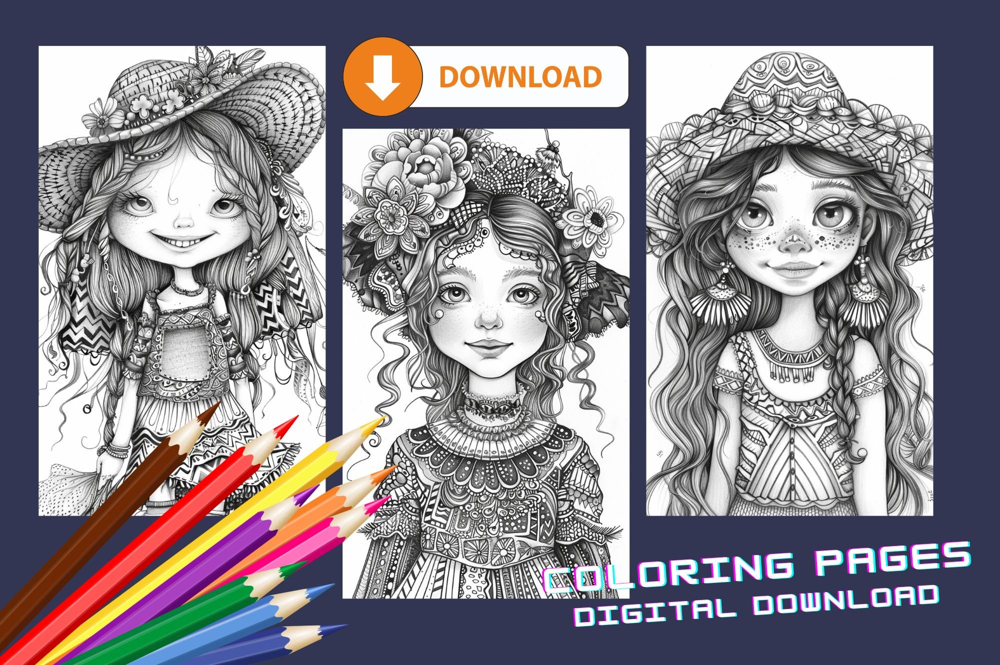 Bohemian Style Girls Coloring Pages, Printable PDF, Boho Rustic Fashion ...
