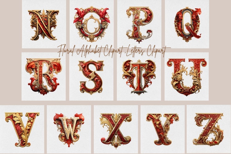 Art Nouvea Letters Clipart , Regal Red Gold Alphabet, Alphabet, Gold ...