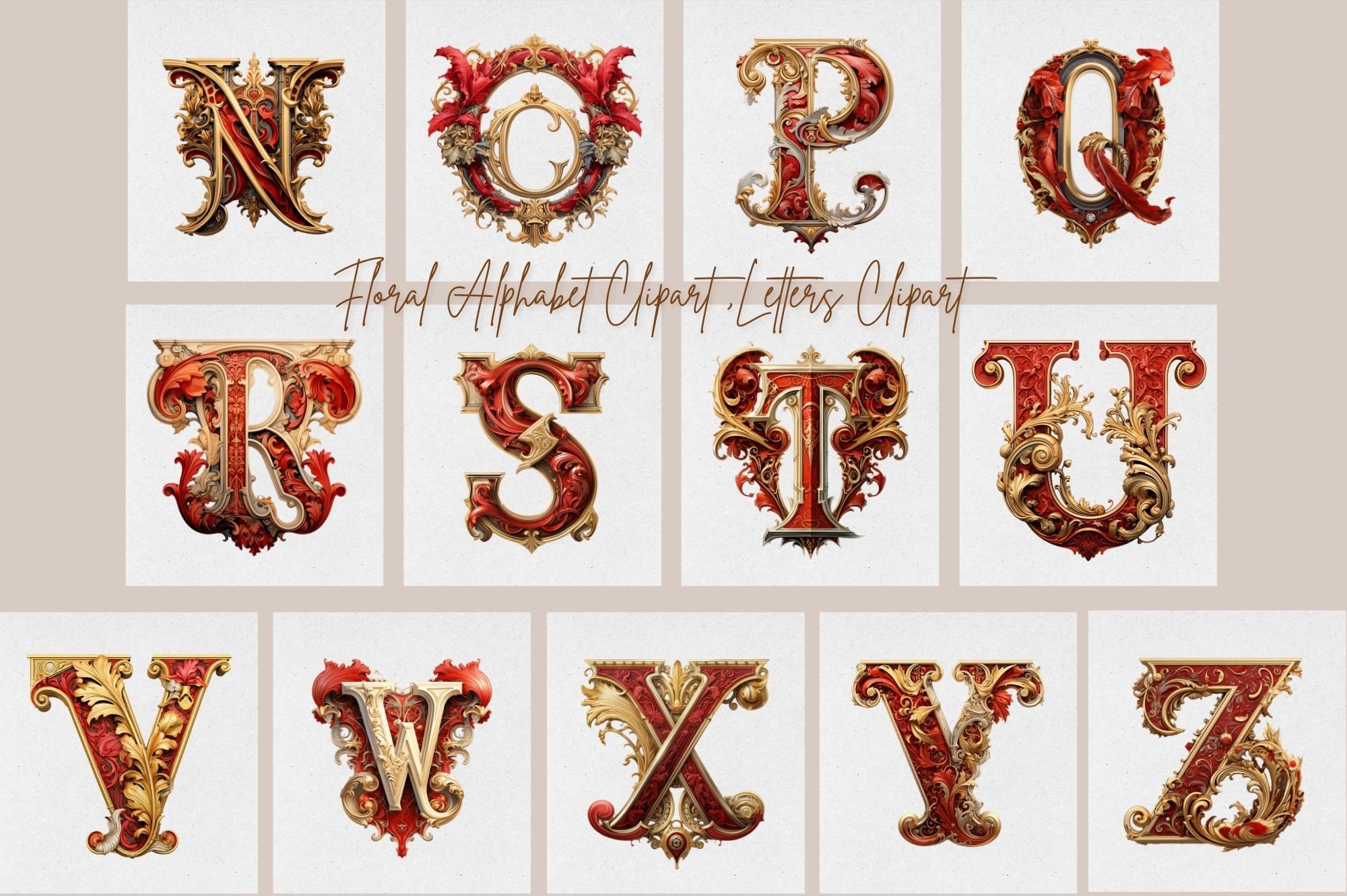 Art Nouvea Letters Clipart , Regal Red Gold Alphabet, Alphabet, Gold ...