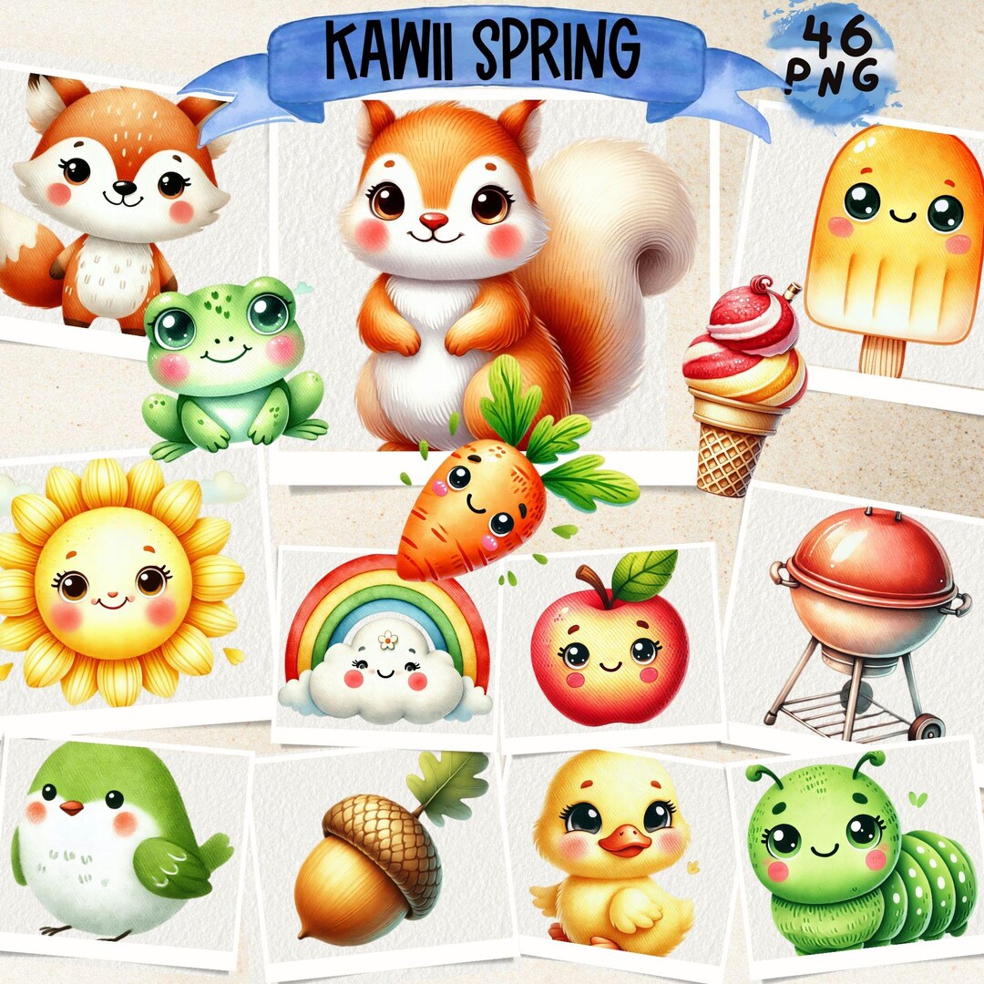 Kawaii Spring Watercolor Clipart, Happy Spring, Cute Floral Paste ...
