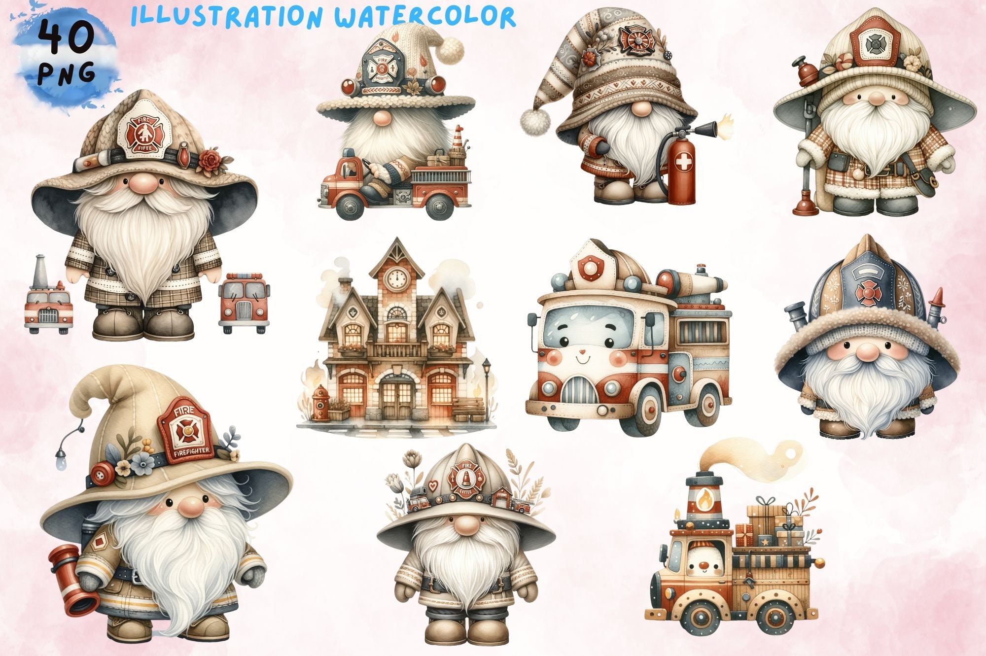 Firefighter Gnome Watercolor Clipart, Gnome Firefighter, Firefighter ...