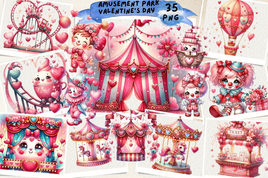 Valentine's Day Circus Watercolor: Amusement Park Clipart (PNG) - Etsy