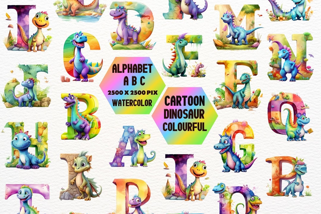 Dinosaur Alphabet Clipart: Watercolor Cartoon Letters (PNG) - Etsy