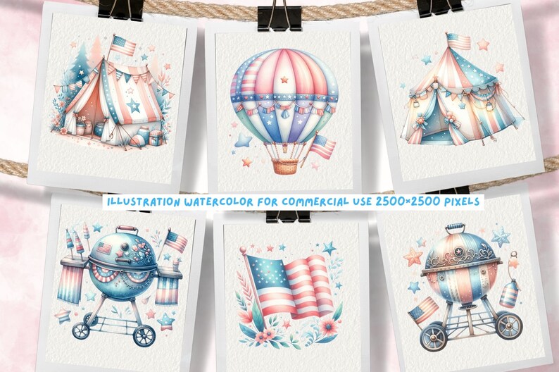 Cute Independence Day Clipart, 4th of July Watercolor Clipart Bundle ...