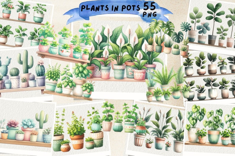 House Plant Watercolor Clipart, Potted Plant Illustration, Greenery ...