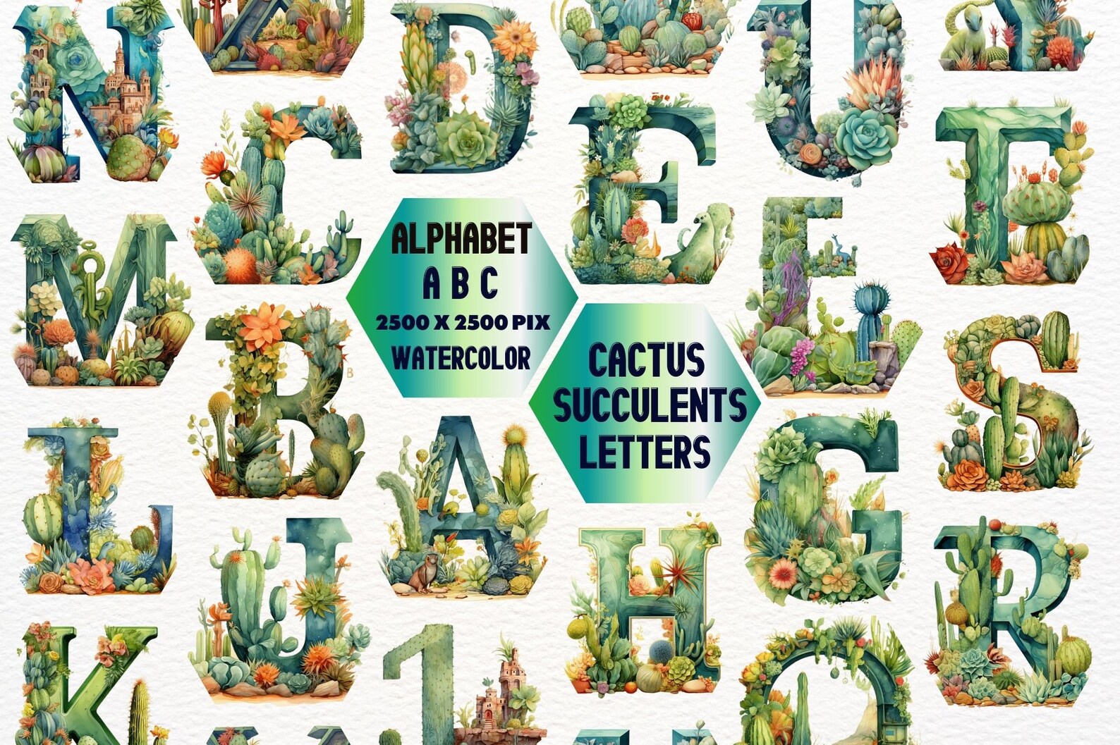 Cactus Alphabets Clipart, Cactus Alphabet, Succulent Font, Succulent ...