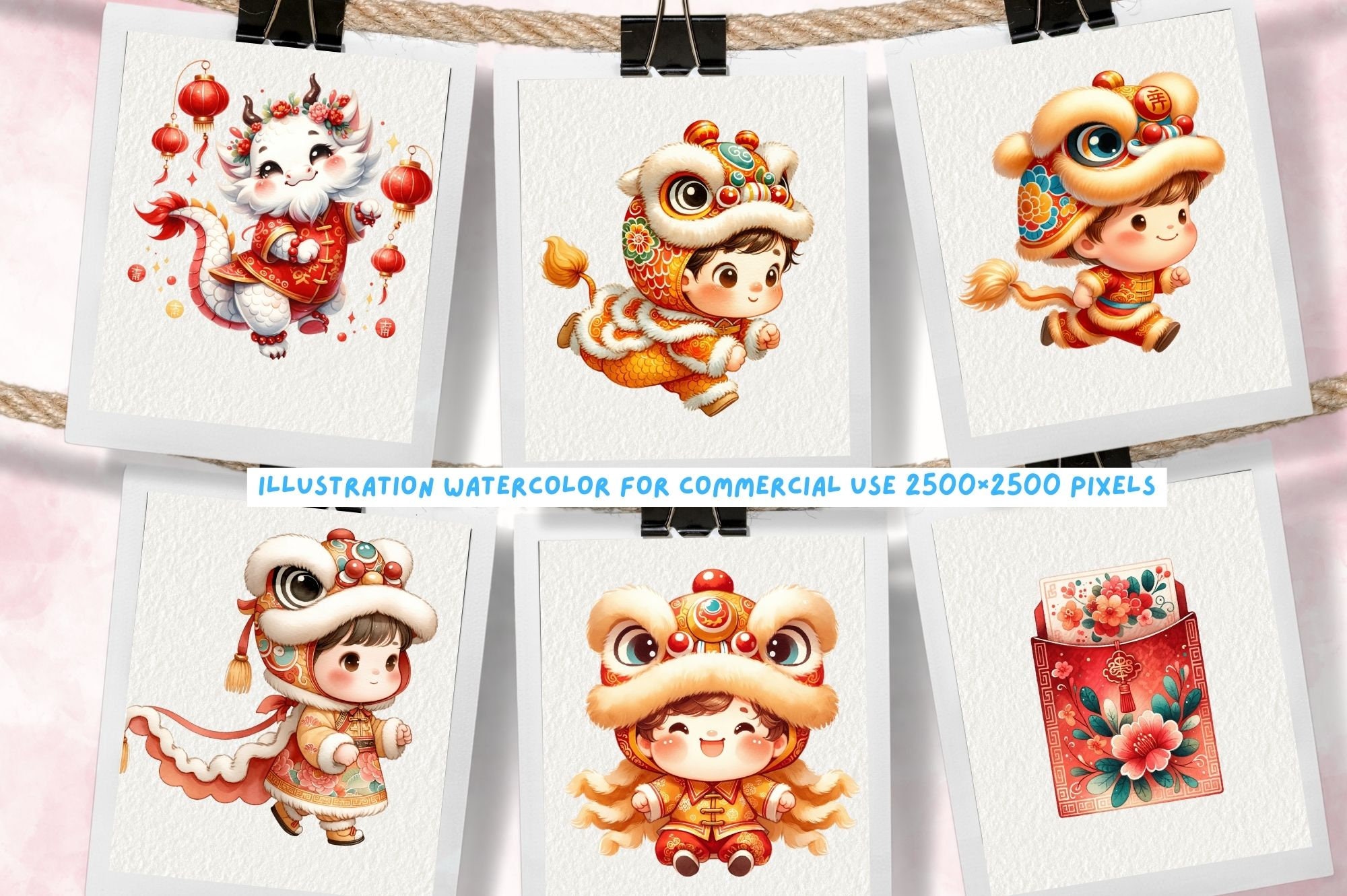 Cute Dragon Watercolor Clipart, Chinese New Year Clipart, Lion Dance ...