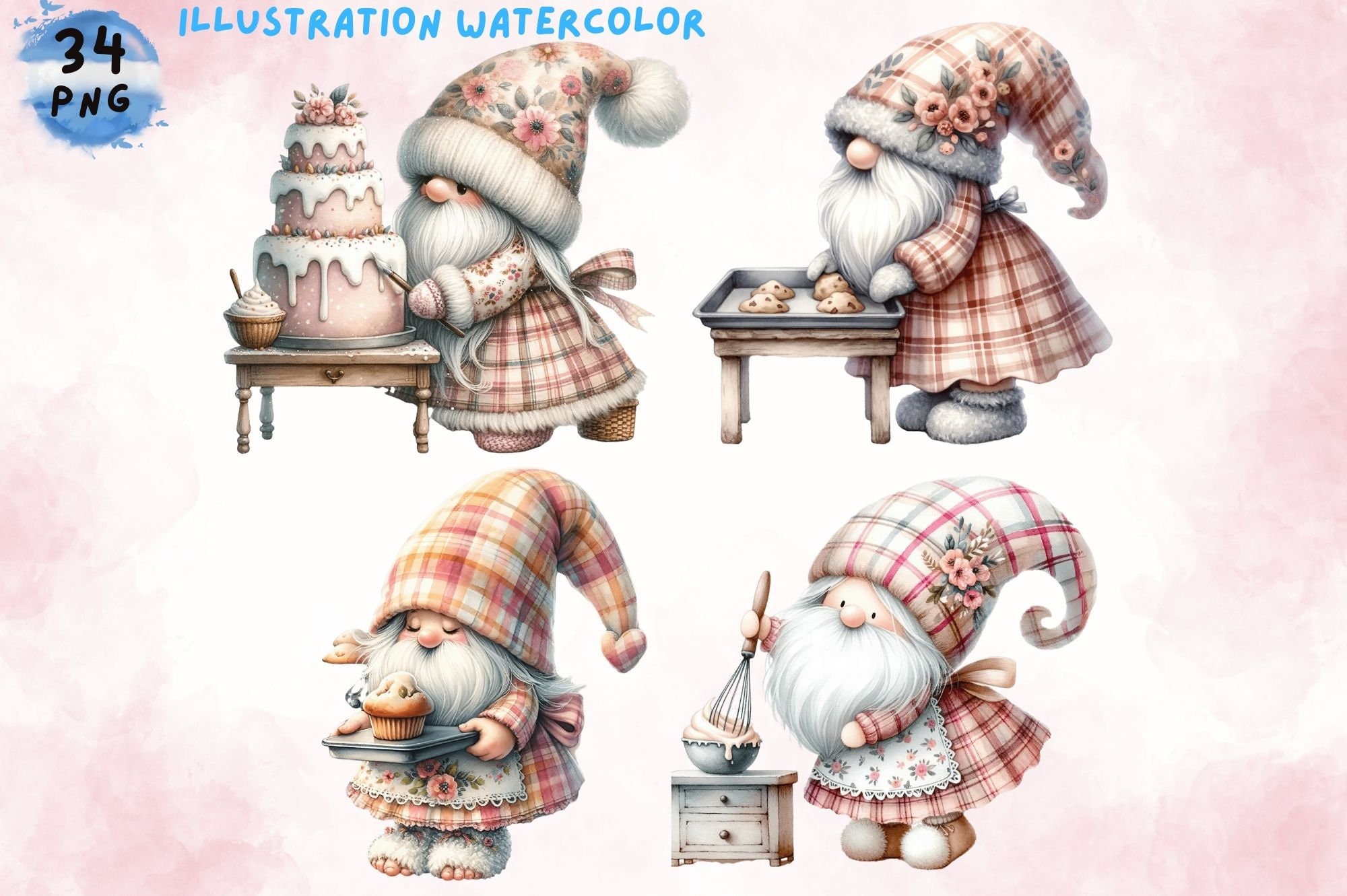 Baker Gnome Watercolor Clipart, Gnome Pastry Chef Clipart, Chef Gnome ...