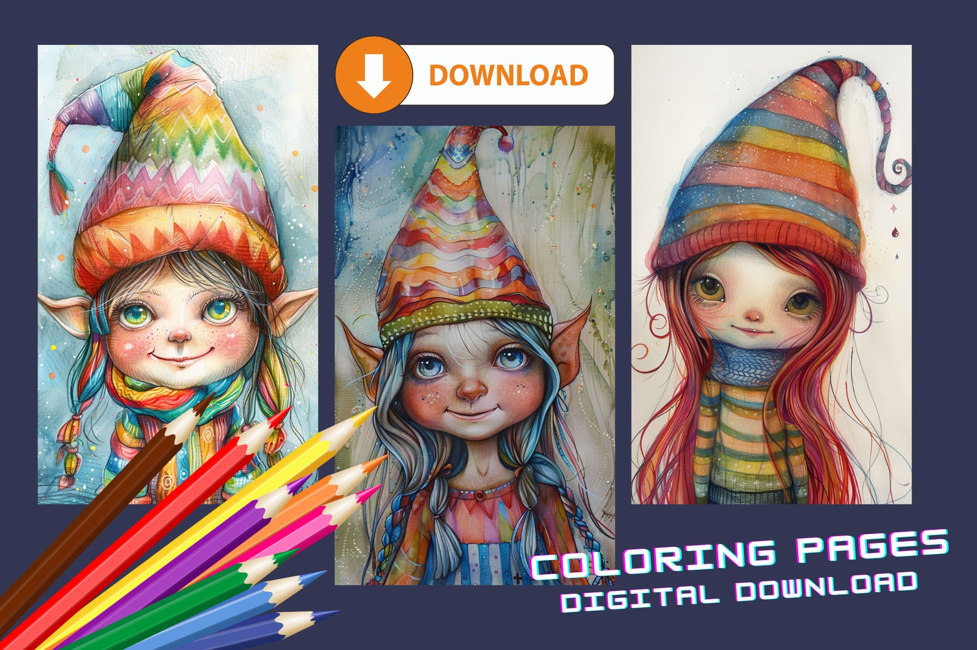 Cute Gnome Girl Coloring Pages for Kids & Adults, Gnome Girl Fantasy ...