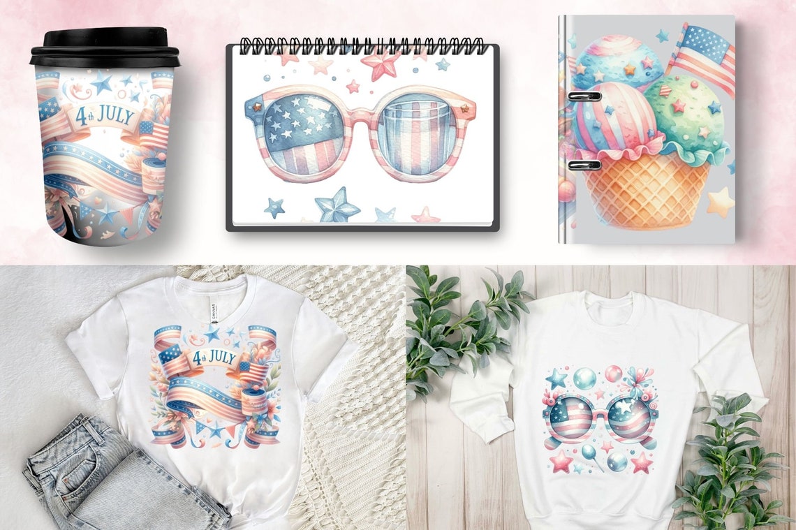 Cute Independence Day Clipart, 4th of July Watercolor Clipart Bundle ...