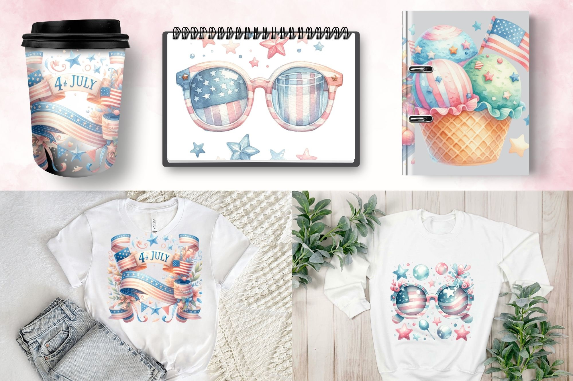 Cute Independence Day Clipart, 4th of July Watercolor Clipart Bundle ...