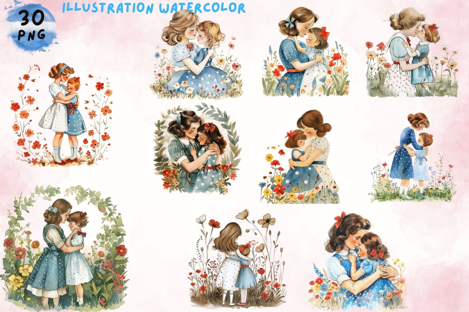 Mother's Day Clipart, Mother and Daughter Print, Printable Watercolor ...