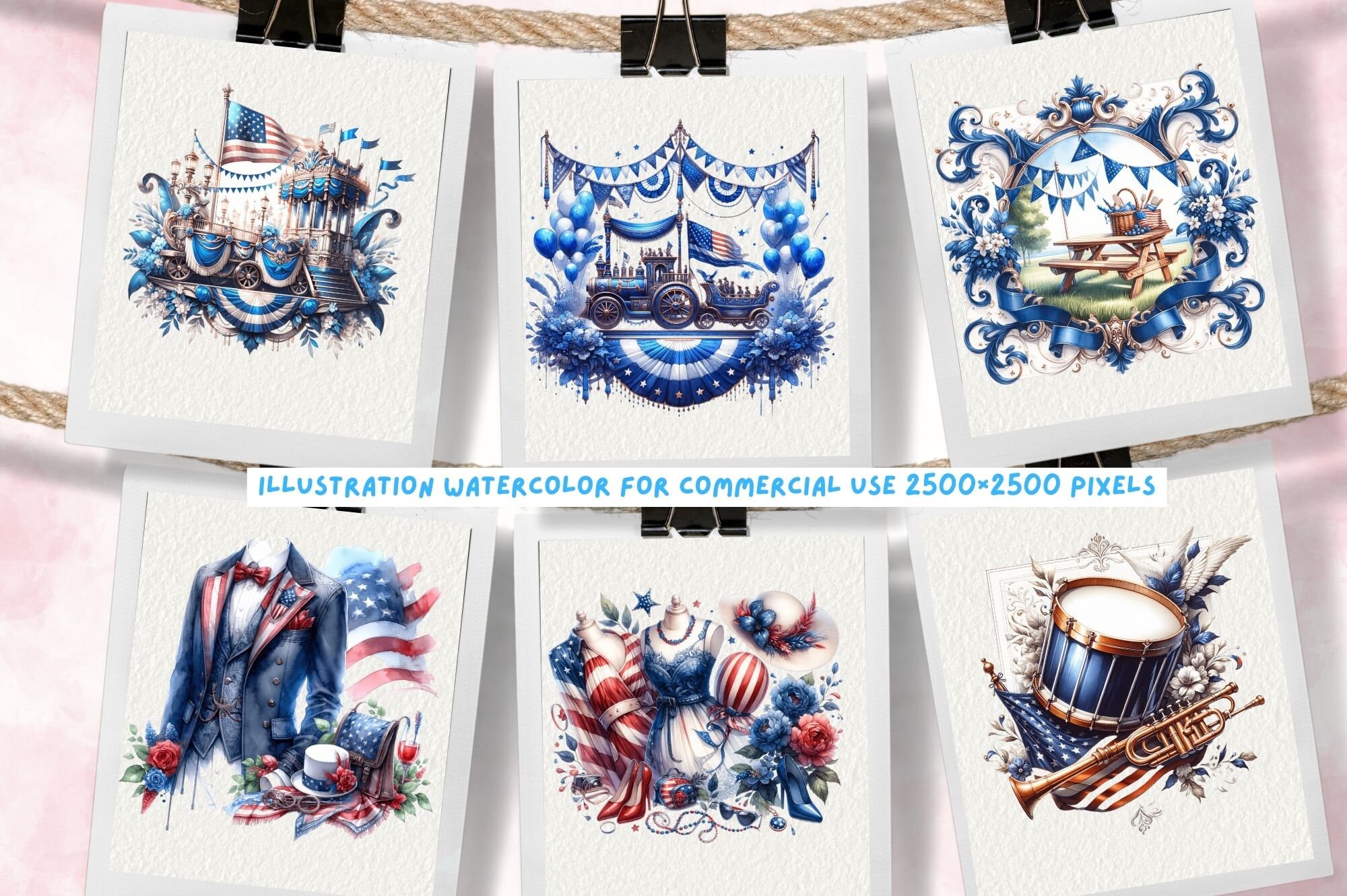 Patriotic Clipart Bundle, Watercolor American Flag, 4th of July PNG ...