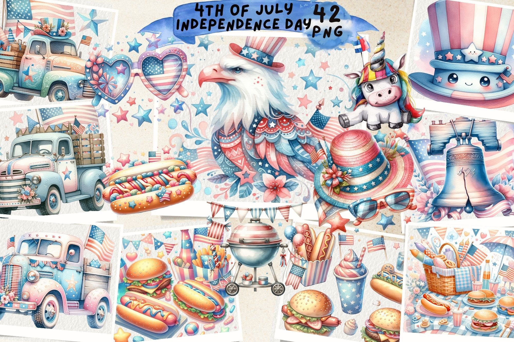 4th of July Watercolor Clipart Bundle, Independence Day Clipart ...