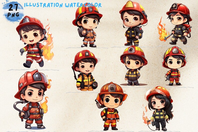 Cute Firefighter, Girl and Boy Chibi Clipart, Firefighter Png, Fire ...