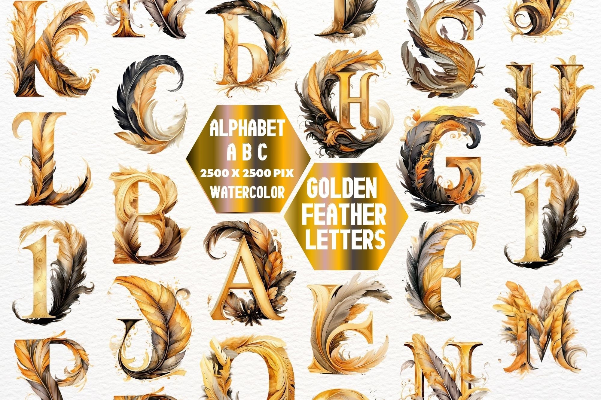 Golden Feather Alphabet Clipart , Gold and Silver Feathers Alphabet ...