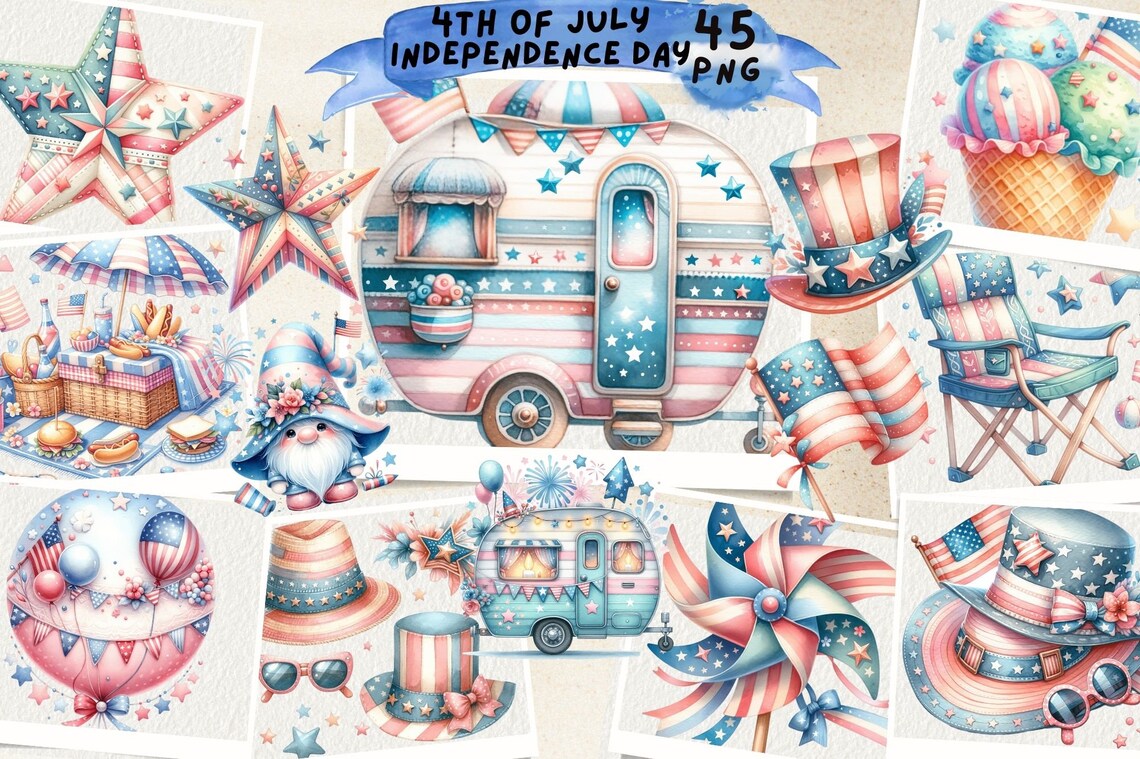 Cute Independence Day Clipart, 4th of July Watercolor Clipart Bundle ...