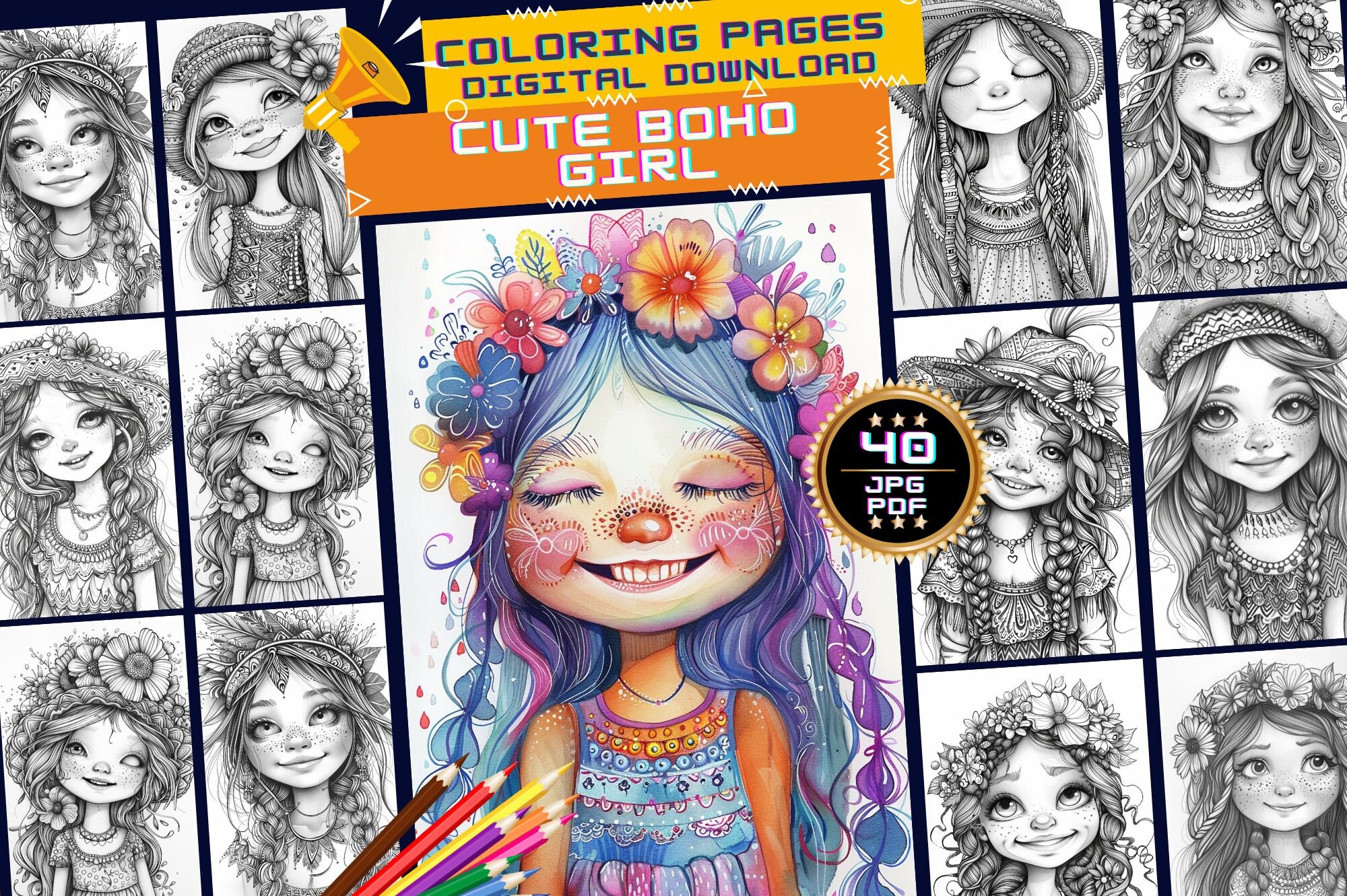 Cute Boho Girl Coloring Pages, Hippie Girl Floral Printable Coloring ...