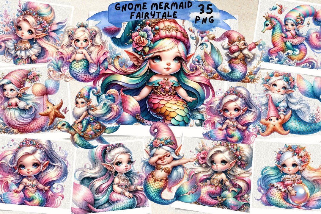 Mermaid Gnome Watercolor Clipart, Cute Fairytale Clipart, Pastel Gnome ...