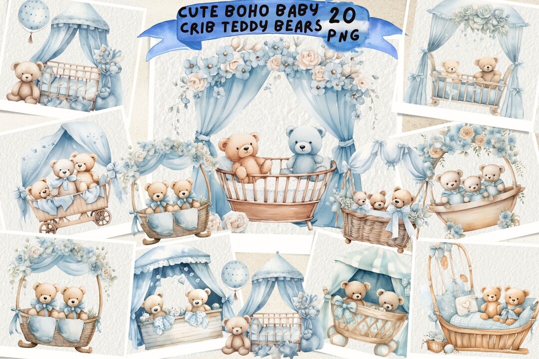 Cute Boho Baby Crib With Teddy Bears Watercolor, Teddy Bear Clipart ...