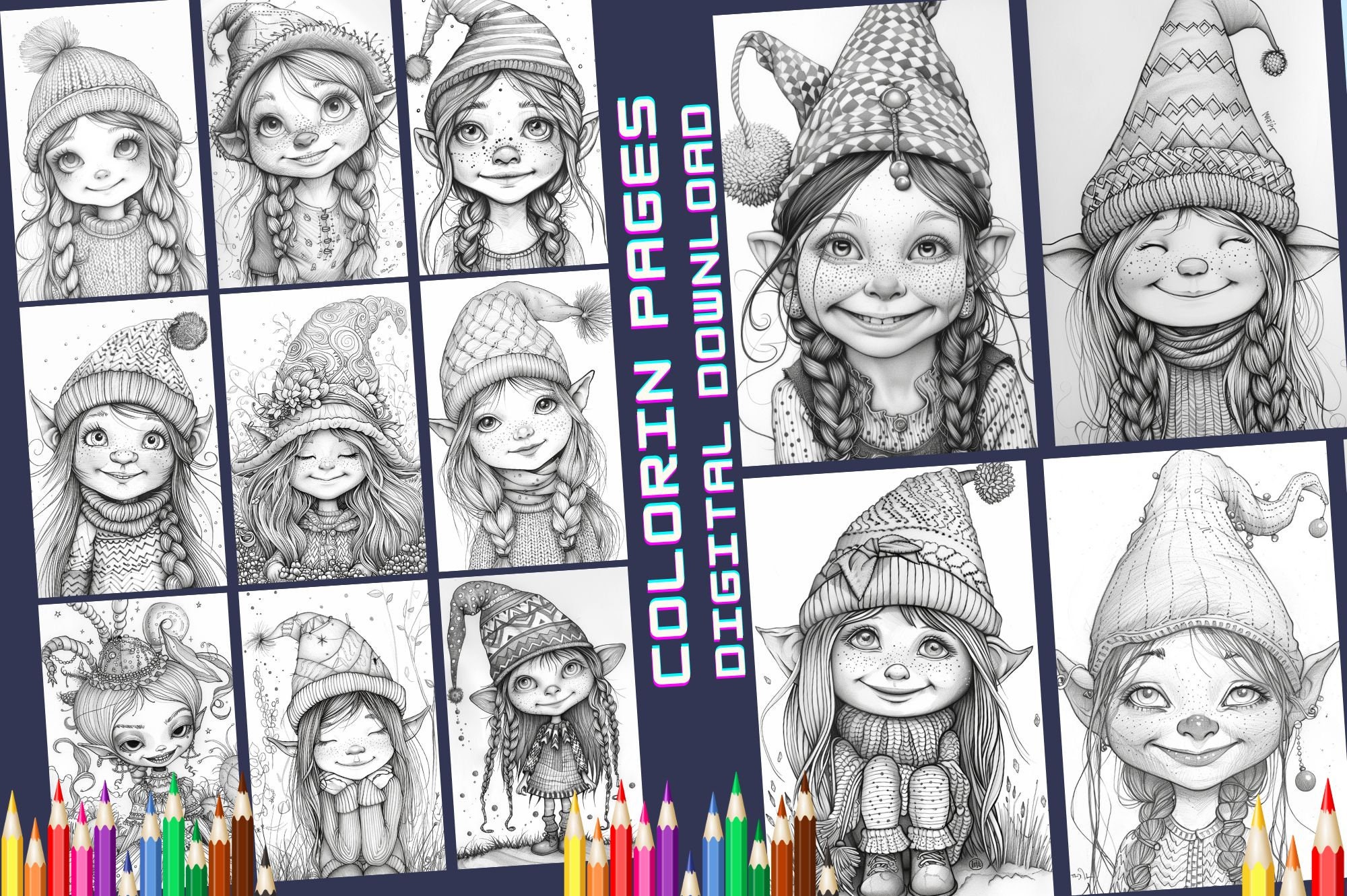 Cute Gnome Girl Coloring Pages for Kids & Adults, Gnome Girl Fantasy ...