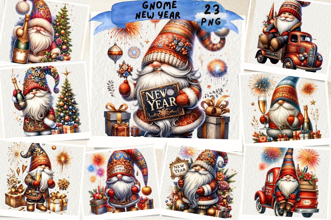 Happy New Year Gnomes Clipart Happy New Year Gnome Graphics - Etsy