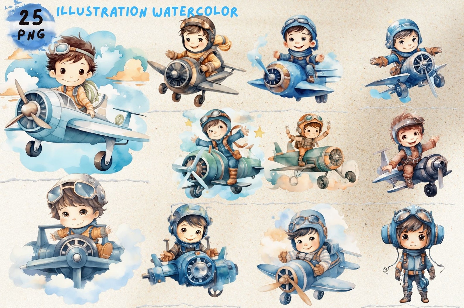 Little Aviator Clipart: Watercolor Airplane PNG (2500x2500 Px) - Etsy