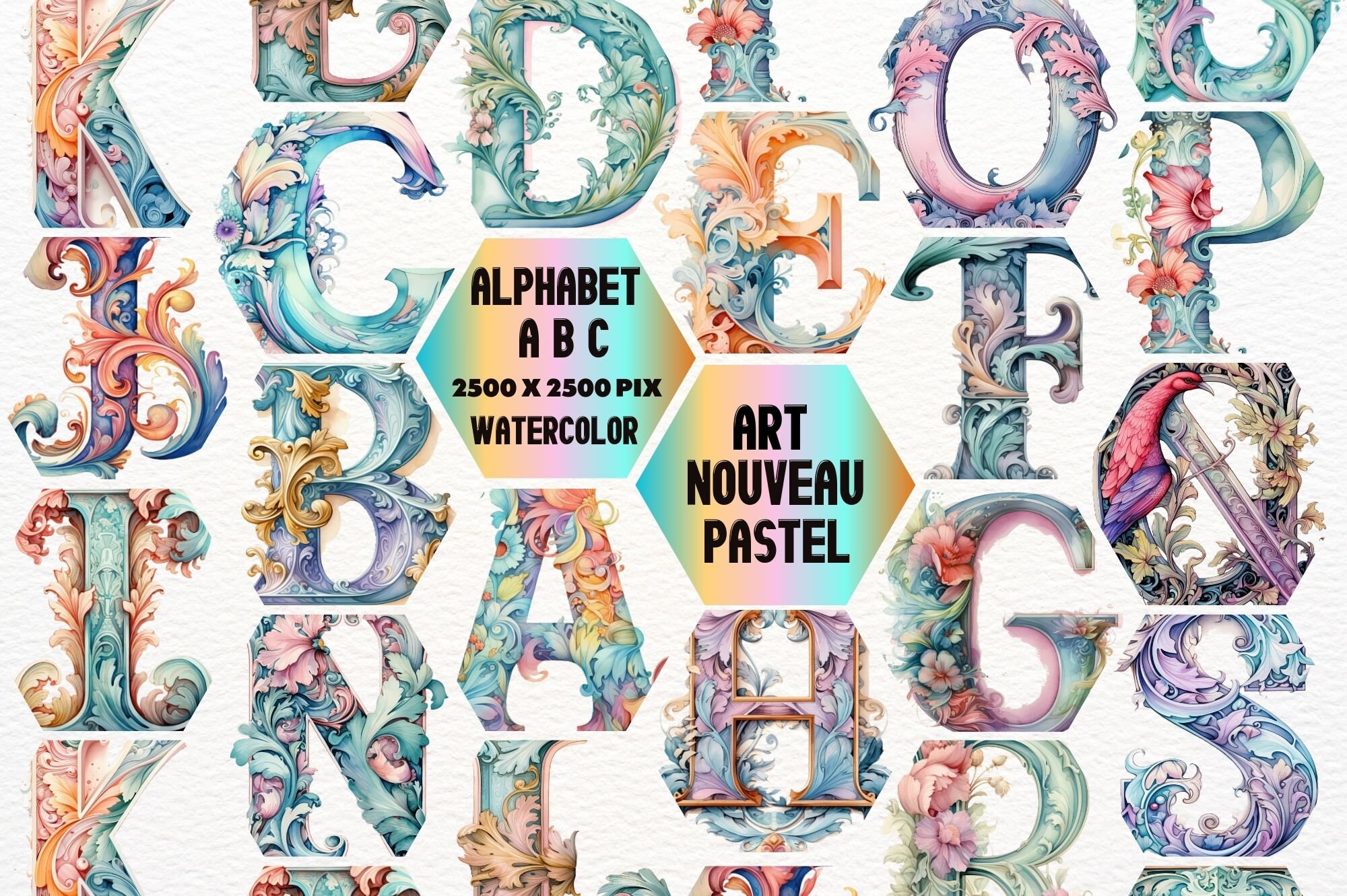 Art Nouveau Pastel Clipart, Full English Alphabet, Mystical ...
