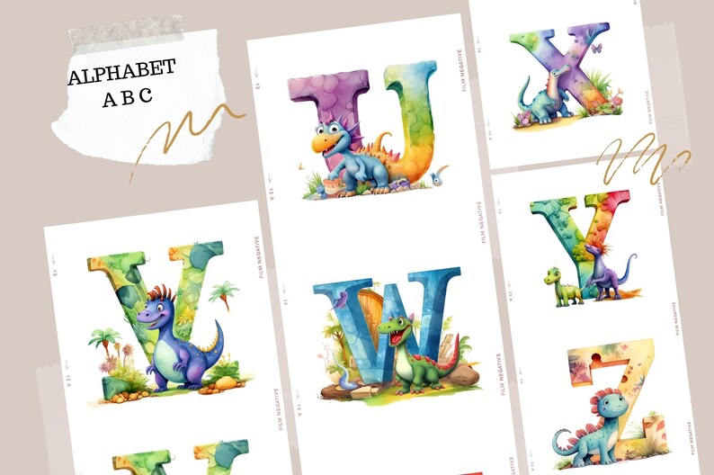 Dinosaur Alphabet Clipart: Watercolor Cartoon Letters (PNG) - Etsy