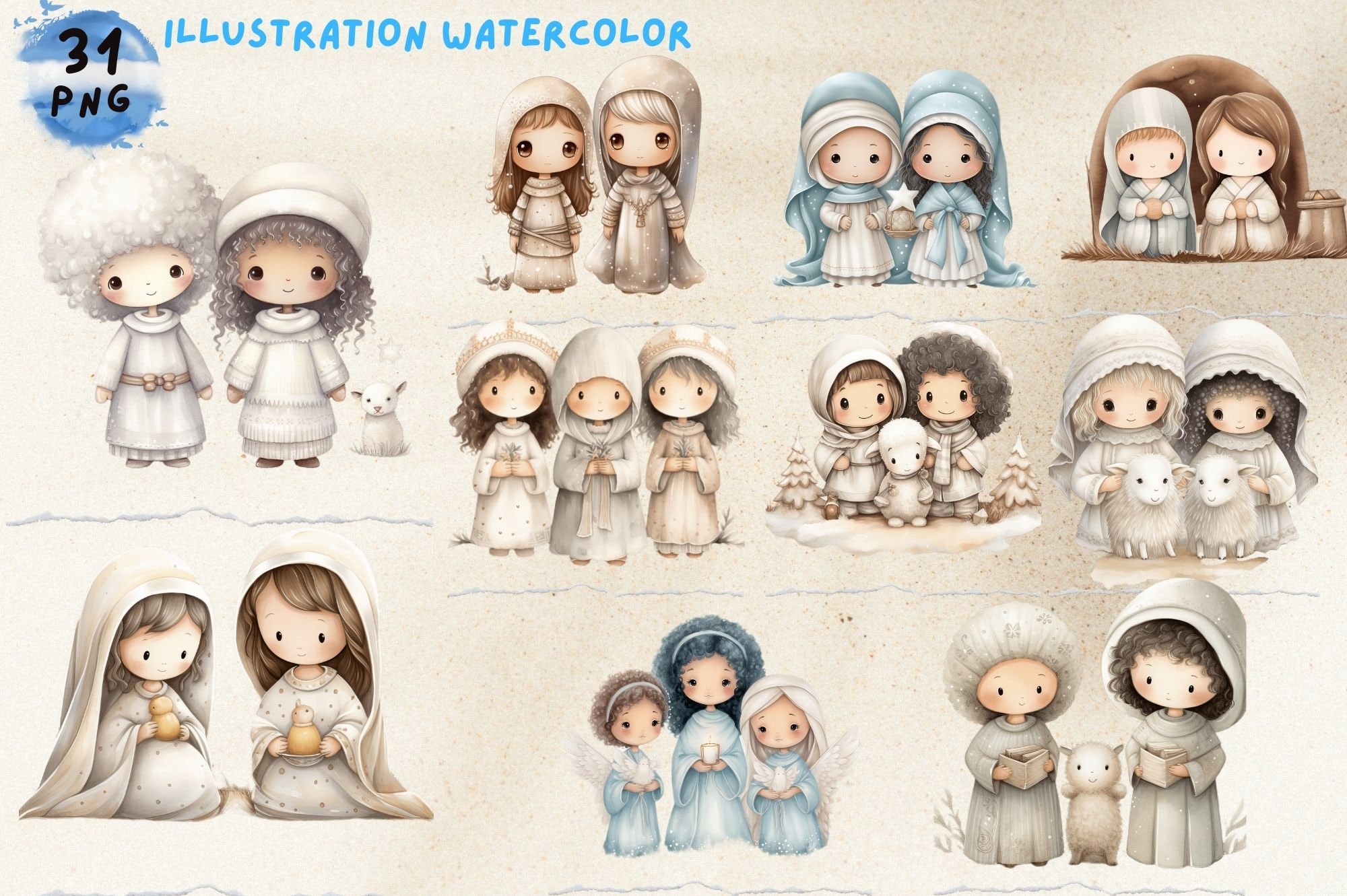 Christmas Cute Nativity Clipart, Nativity Scene, Xmas Angel Watercolor ...