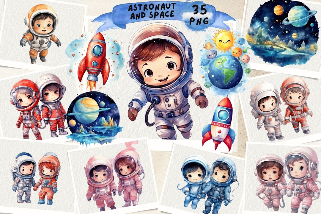Astronaut and Space Watercolor Clipart, , Cute Space Astronaut Clipart ...