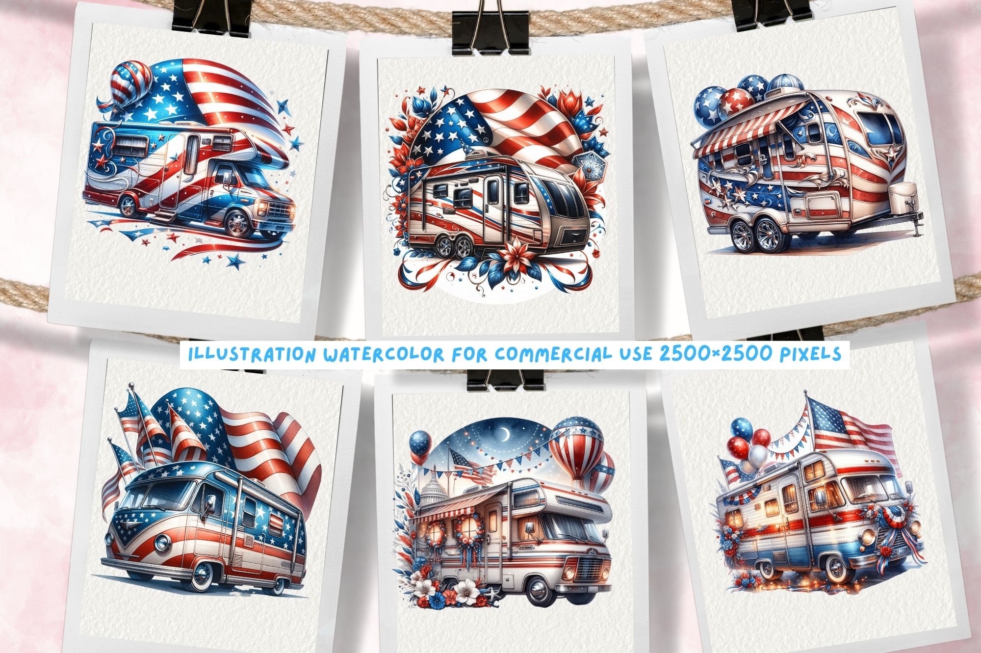 Camper Trailer Patriotic Clipart Bundle, Camper American Flag, 4th of ...