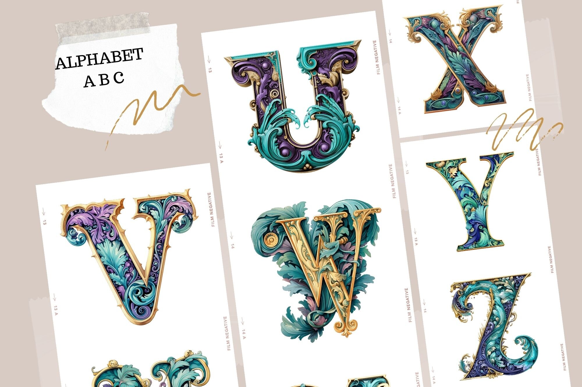 Gold Greens Alphabet, Celtic Alphabet, Letters Clipart, Ornate ...