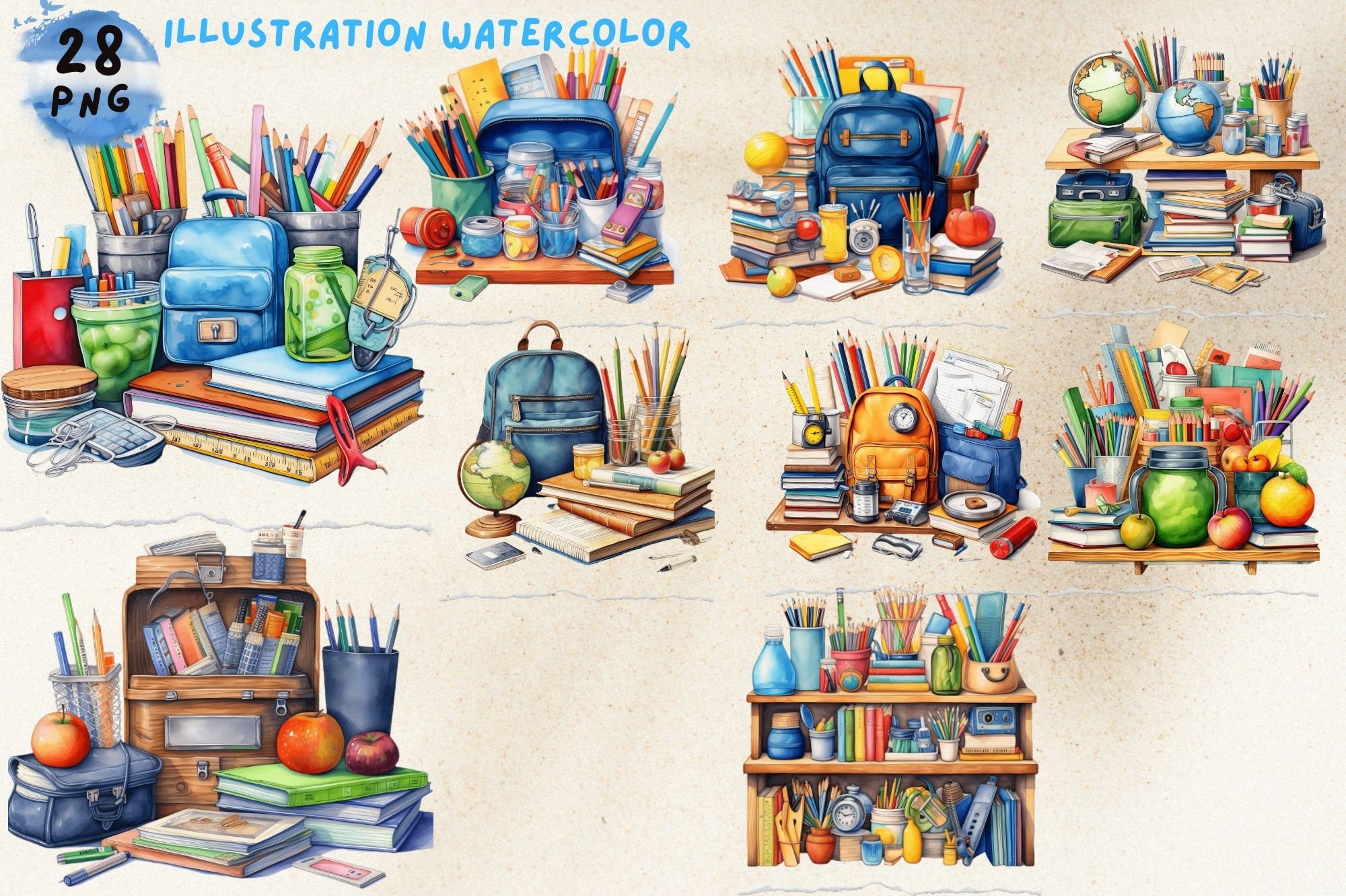Back to School Clipart, Watercolor Back to School Clipart Set, School ...