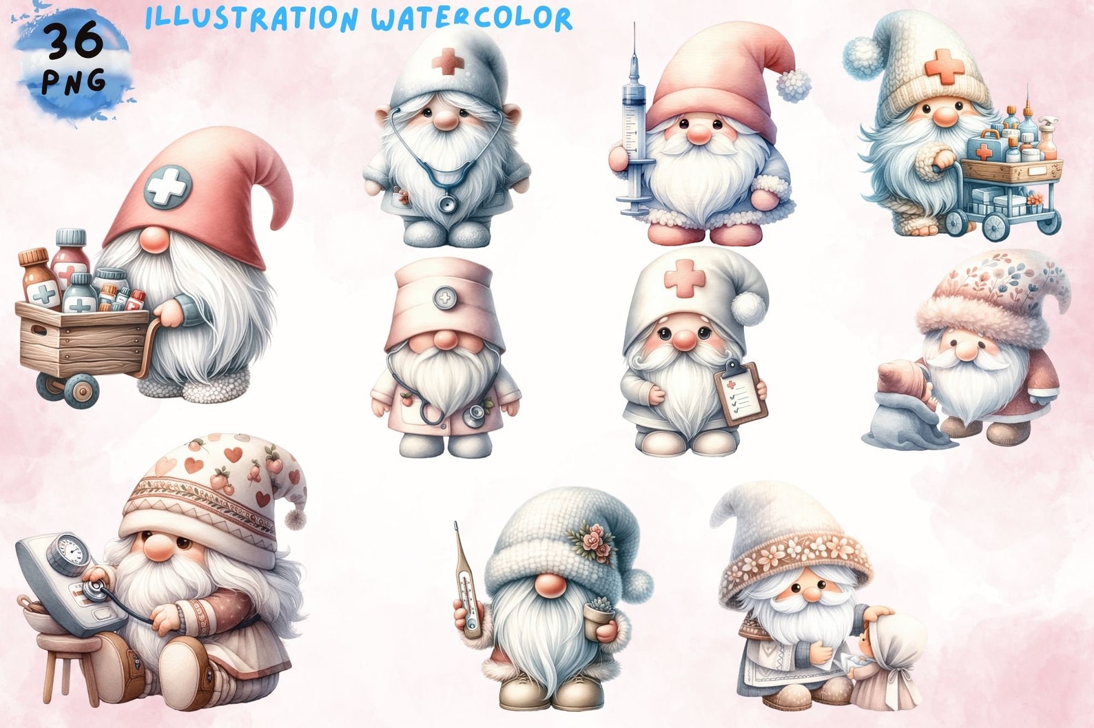 Nurse Doctor Gnomes Watercolor Clipart: Medical Scrapbook (PNG) - Etsy