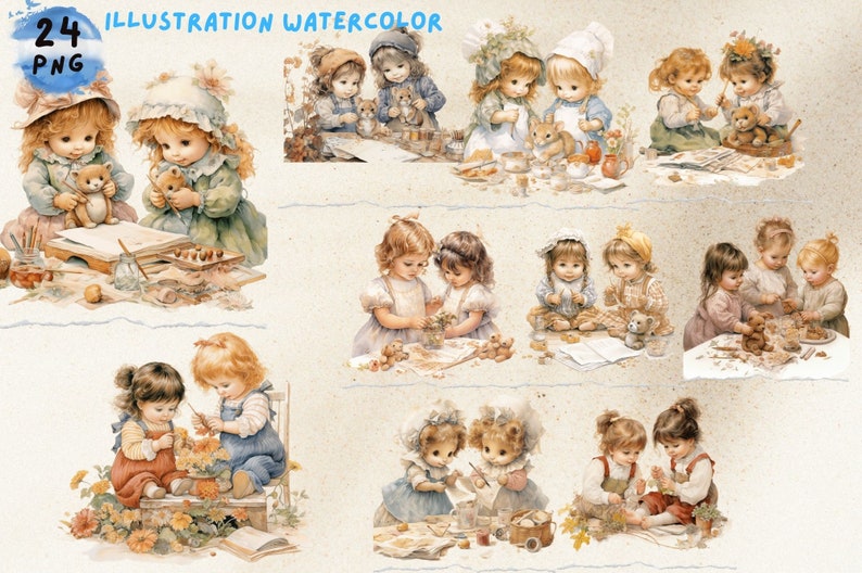 Watercolor Children Clipart: Girls Painting, Toys (PNG) - Etsy