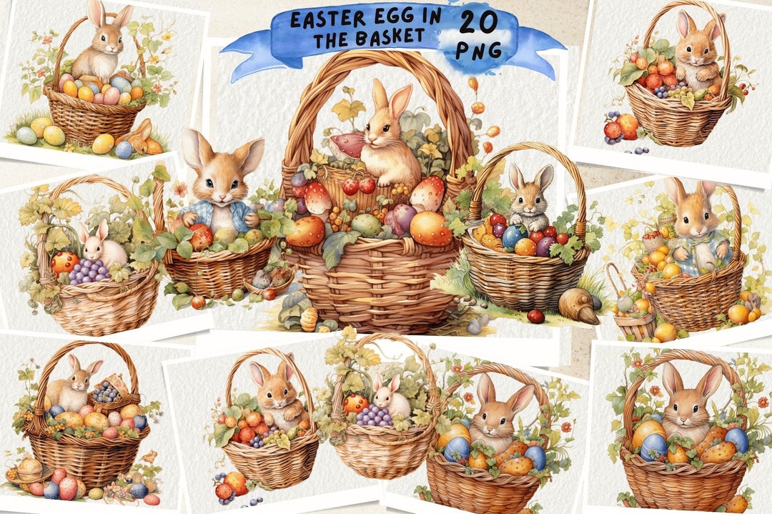 Vintage Easter Basket Eggs Clipart, Easter Flowers Bunny Watercolor ...