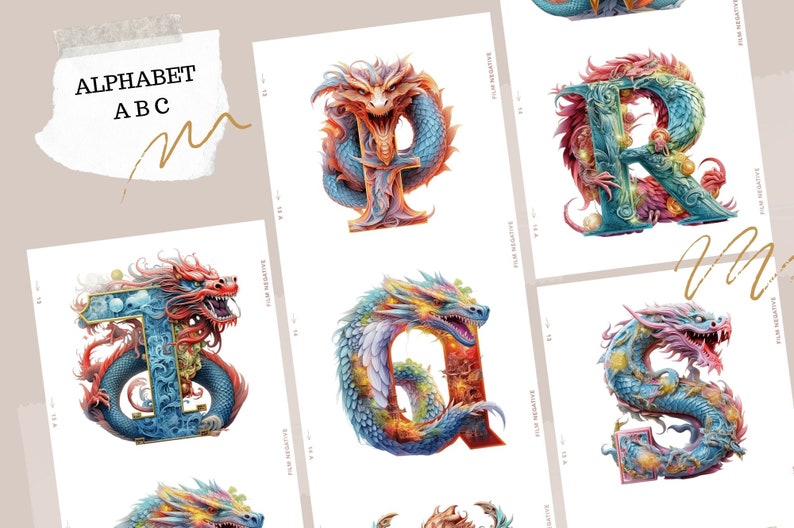 Chinese Dragons Letters Clipart Illuminated Fantasy Dragon - Etsy