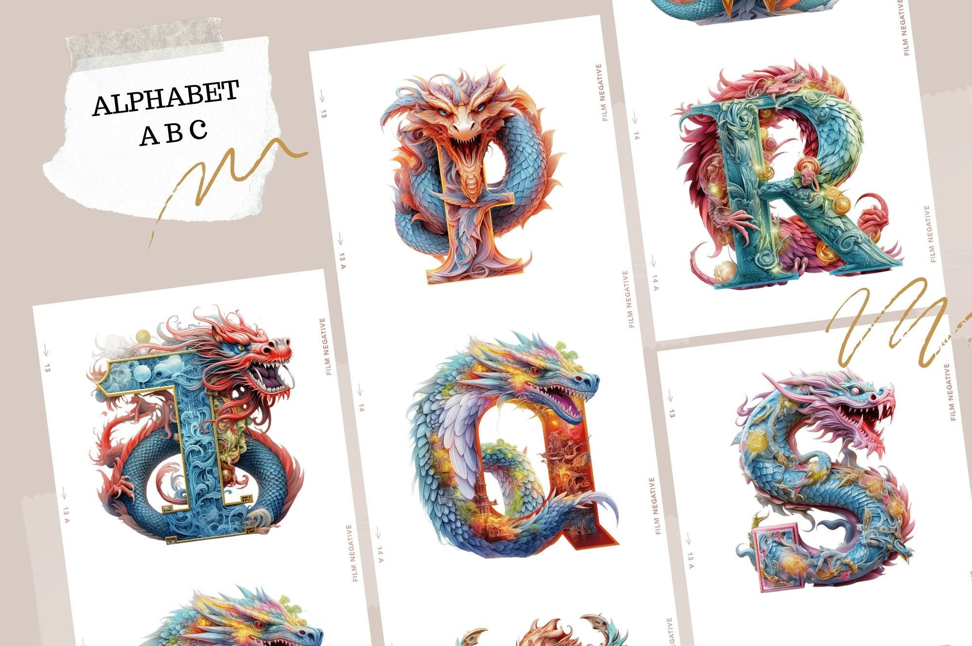 Chinese Dragons Letters Clipart Illuminated Fantasy Dragon - Etsy