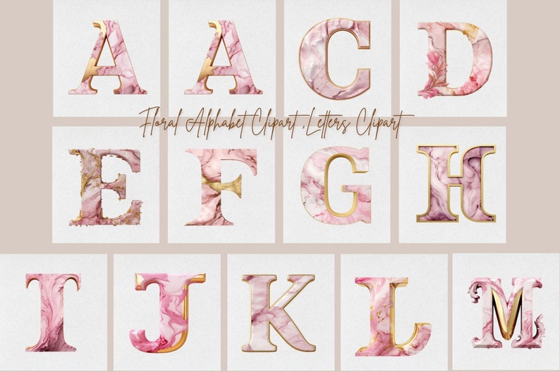 Pink Marble Alphabet Clipart , Marble Alphabet, Gold L Letter Wedding ...